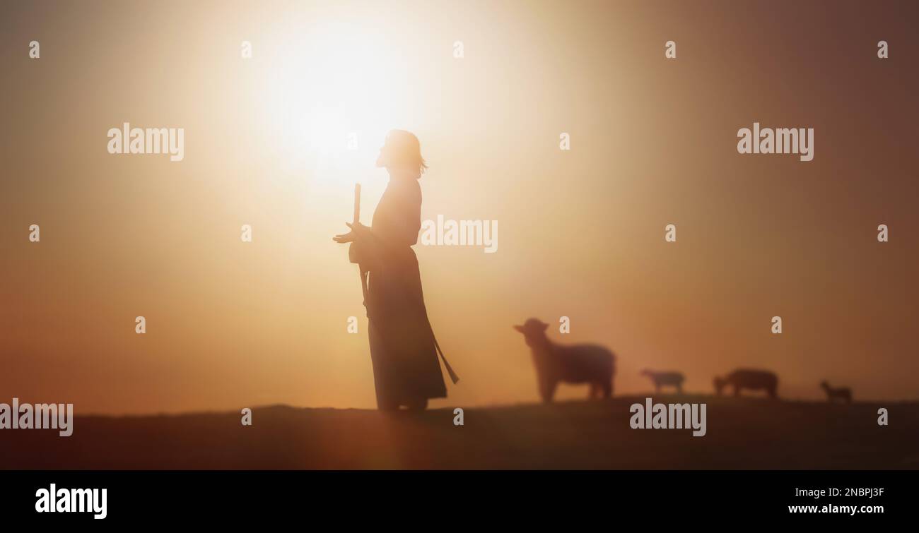 Shepherd Jesus Christ praying to Heavenly Father and taking care of and ...