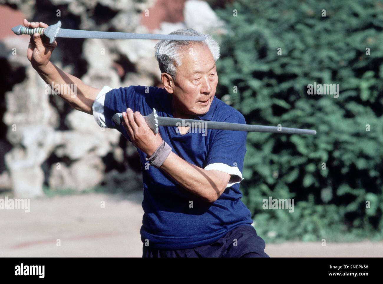 A master of Wu Shi, a traditional Chinese martial art, practices with ...