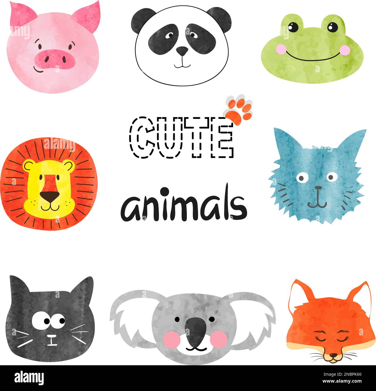 Watercolor cute animals set. Vector illustration for kids design Stock ...