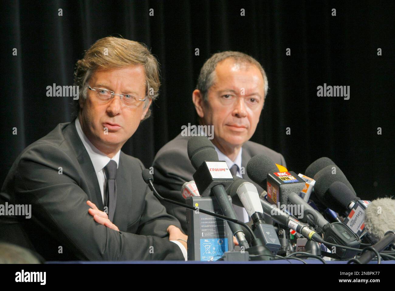 Paris Saint-Germain's (PSG) owner, Sebastien Bazin, left, and President ...