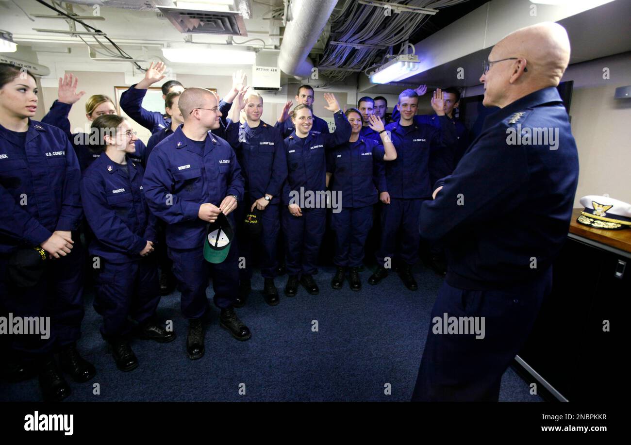U.S. Coast Guard Commandant Adm. Bob Papp, right, greets cadets from ...