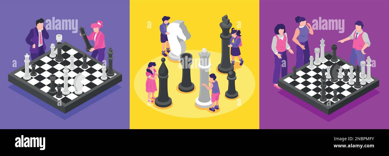 Set of three isometric compositions with chess players on bright color ...