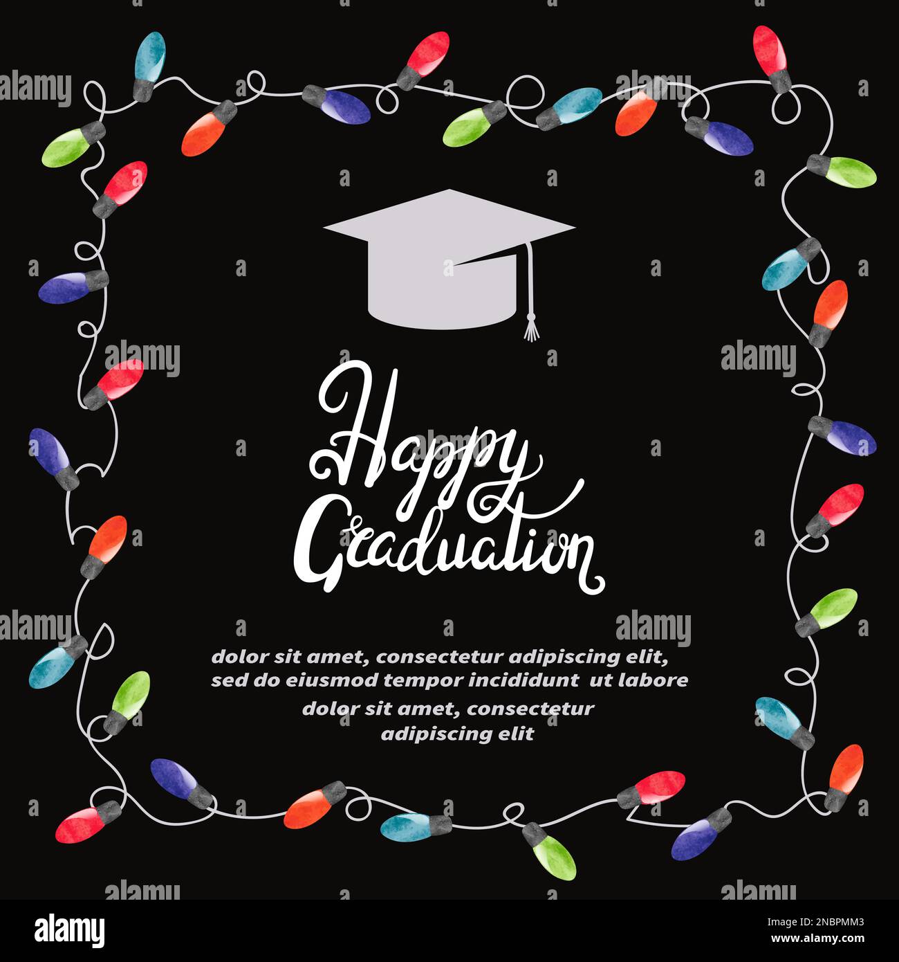 Graduation party invitation card. Vector template with colorful lights ...