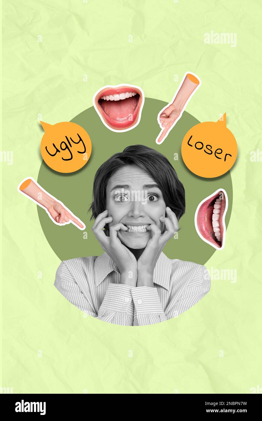 Creative vertical collage photo picture poster of worried nervous girl ...