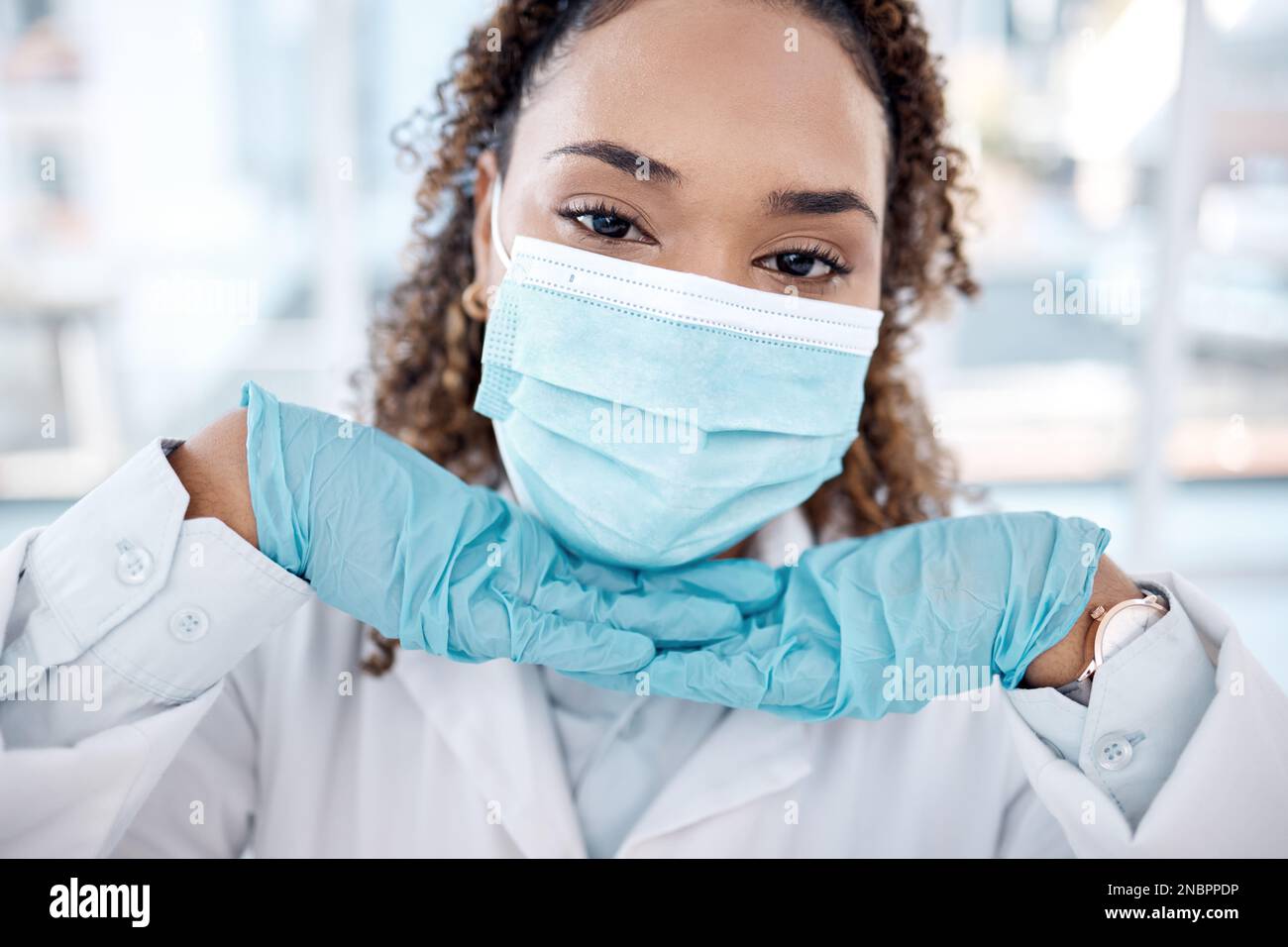Portrait, covid and cute with a black woman nurse in the hospital ...