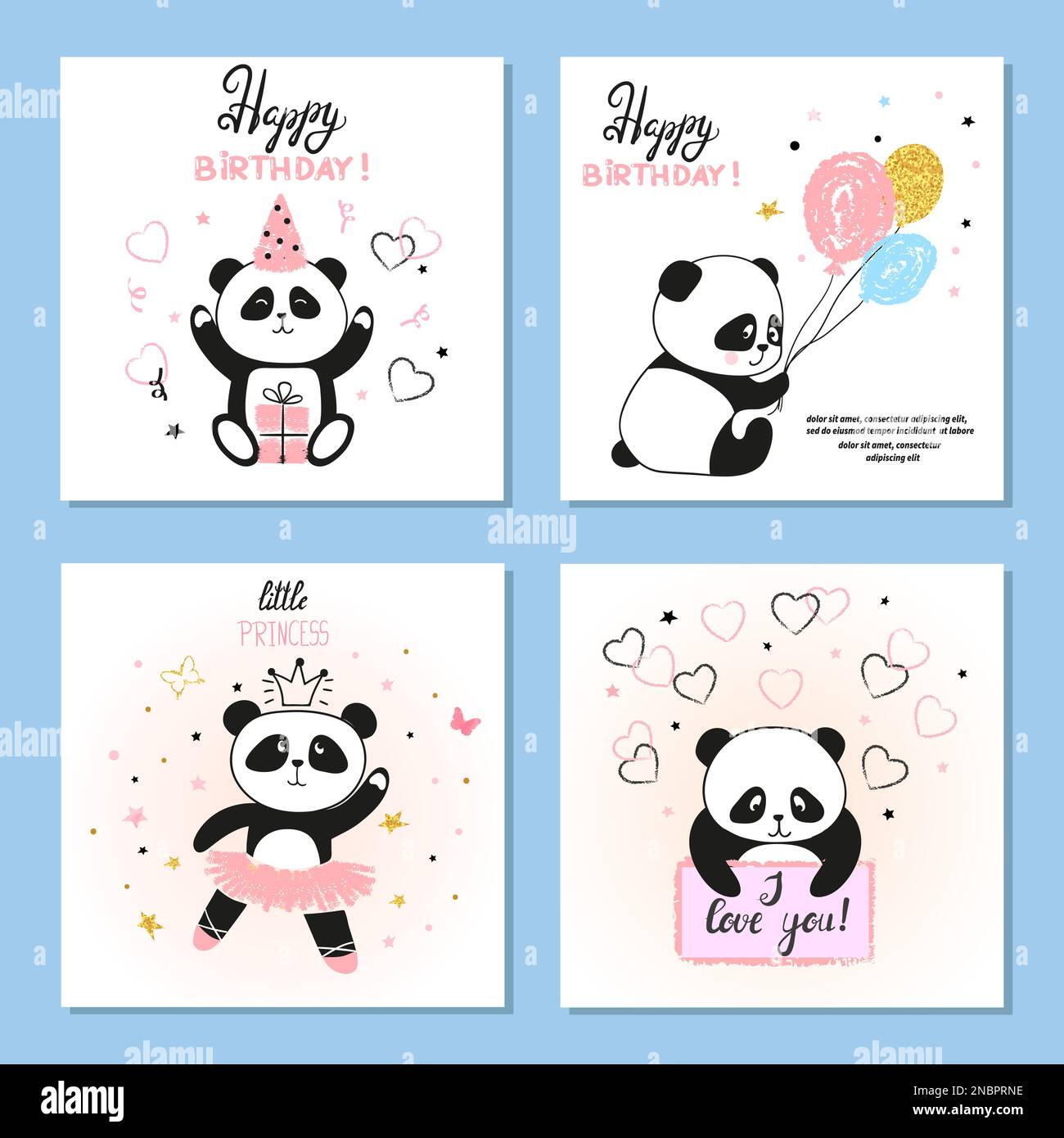 Cute Panda bear vector illustrations. Set of birthday greeting cards ...