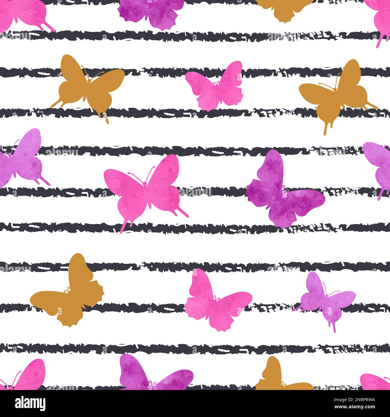Seamless striped pattern with purple butterflies. Vector background ...