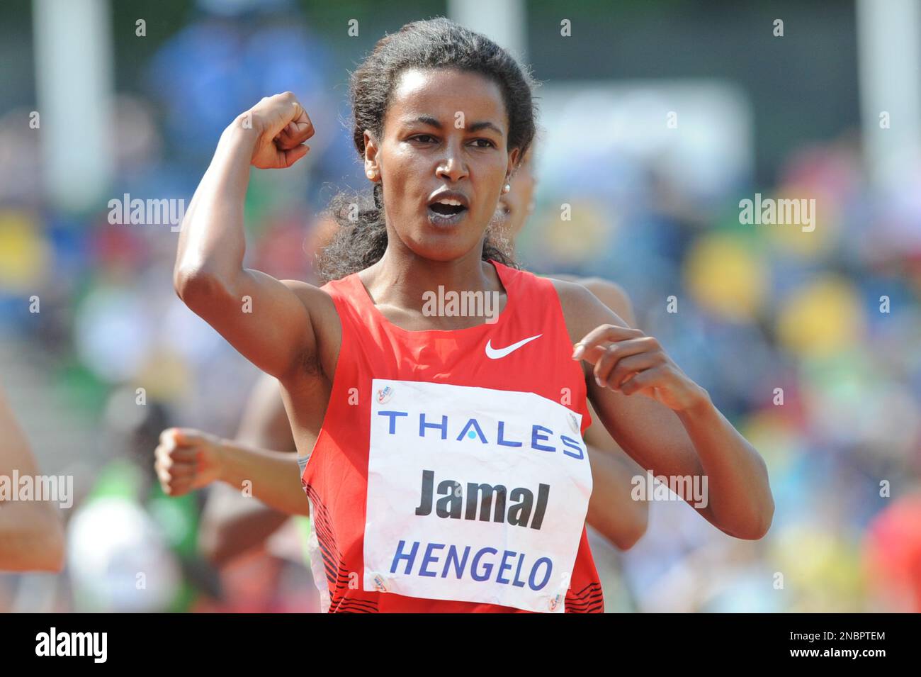 Maryam Jamal of Bahrain reacts after winning the women's 1500 meters ...
