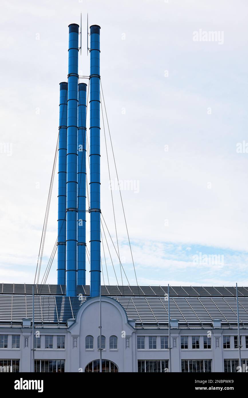 Blue pipes on the building GES-2. GES-2 is one of the oldest power ...