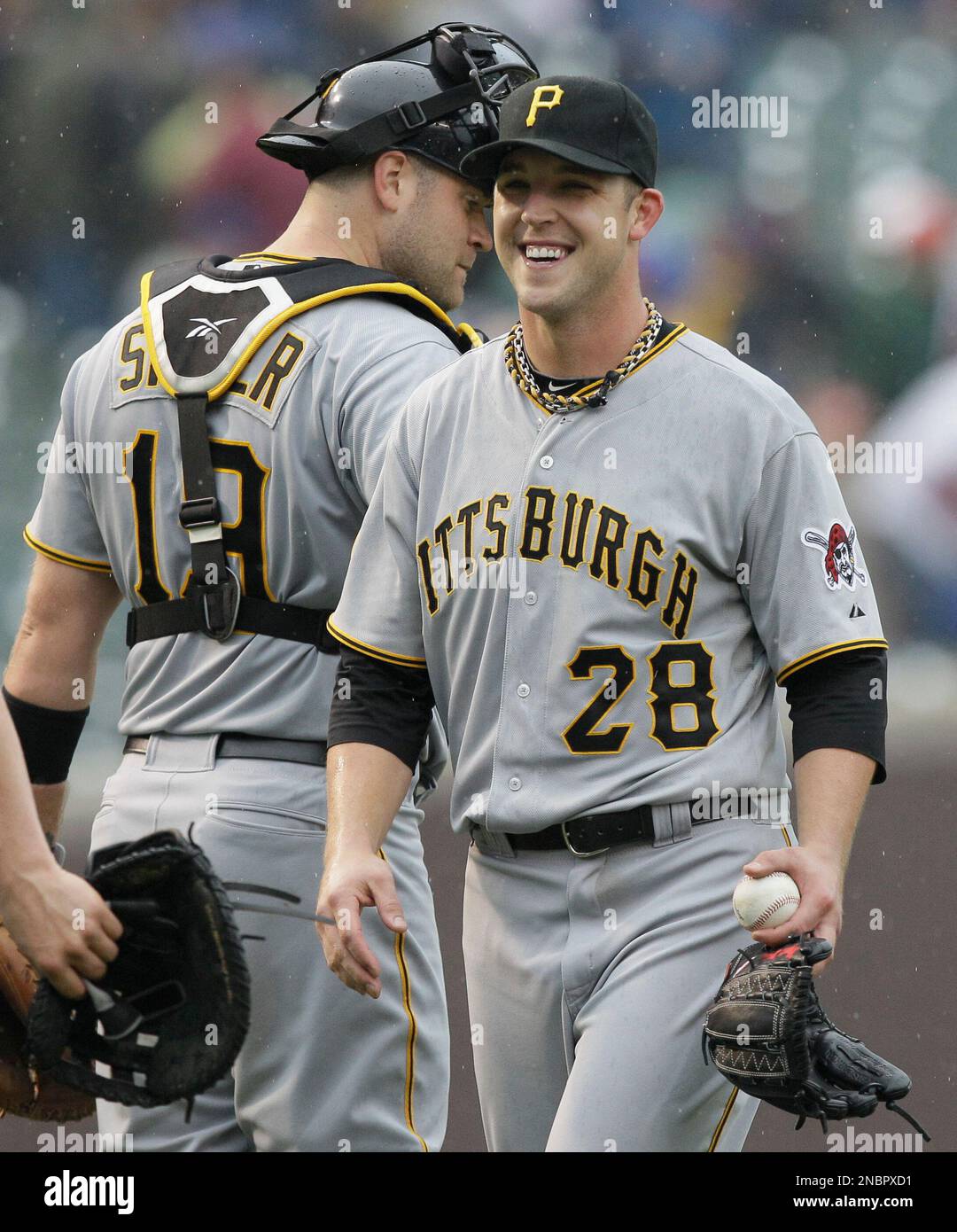 Pittsburgh Pirates starter Paul Maholm (28) smiles as he celebrates ...