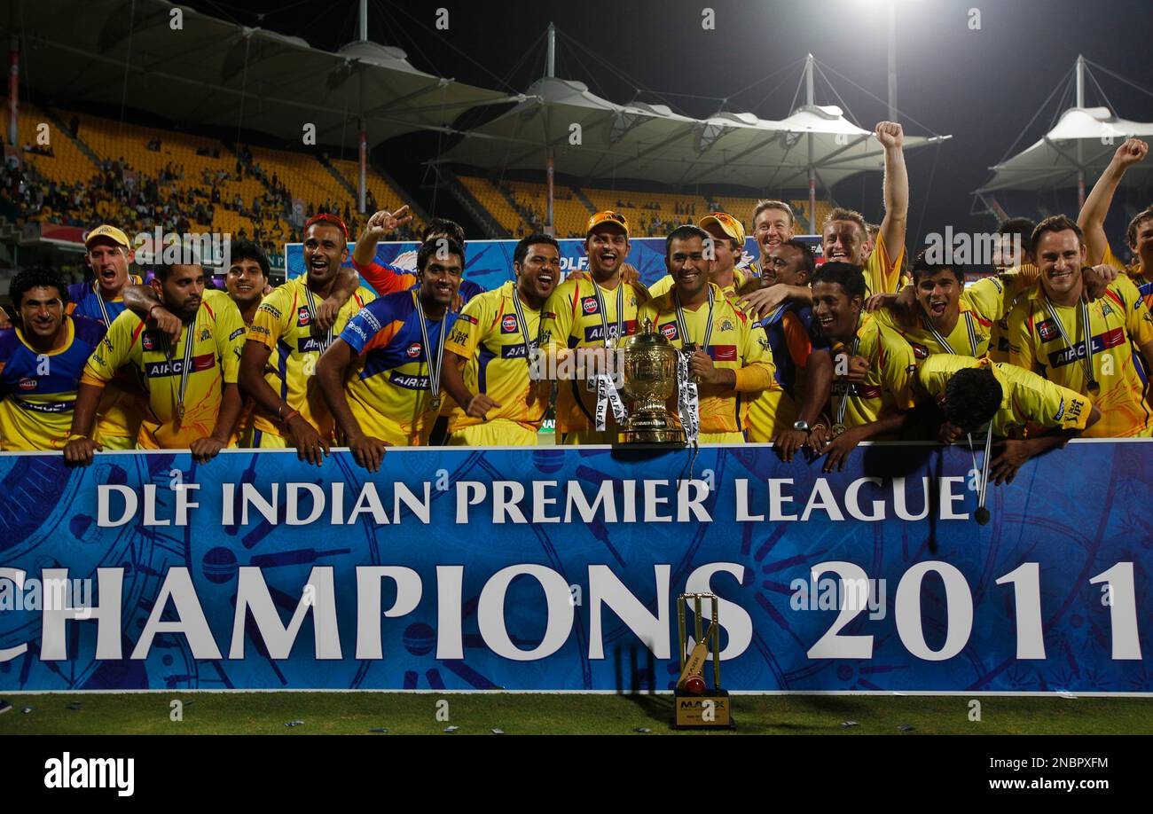 Members of Chennai Super Kings' team celebrate as they pose with the ...