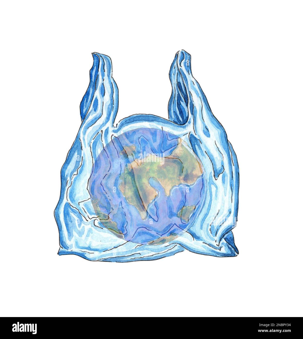 Watercolor planet earth in plastic bag. Environmental pollution poster ...