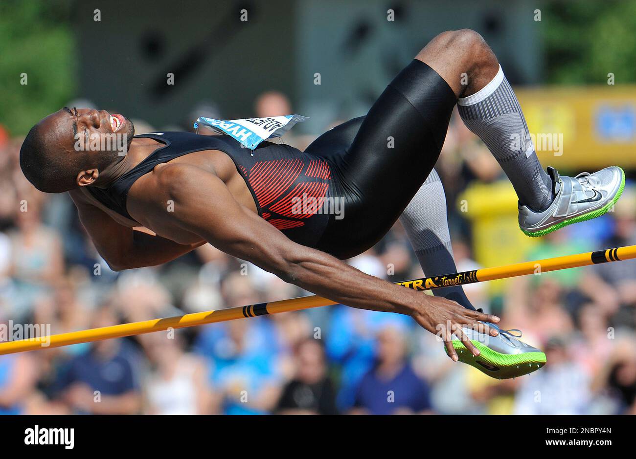 Jamie Adjetey-Nelson from Canada competes in the high jump competition ...
