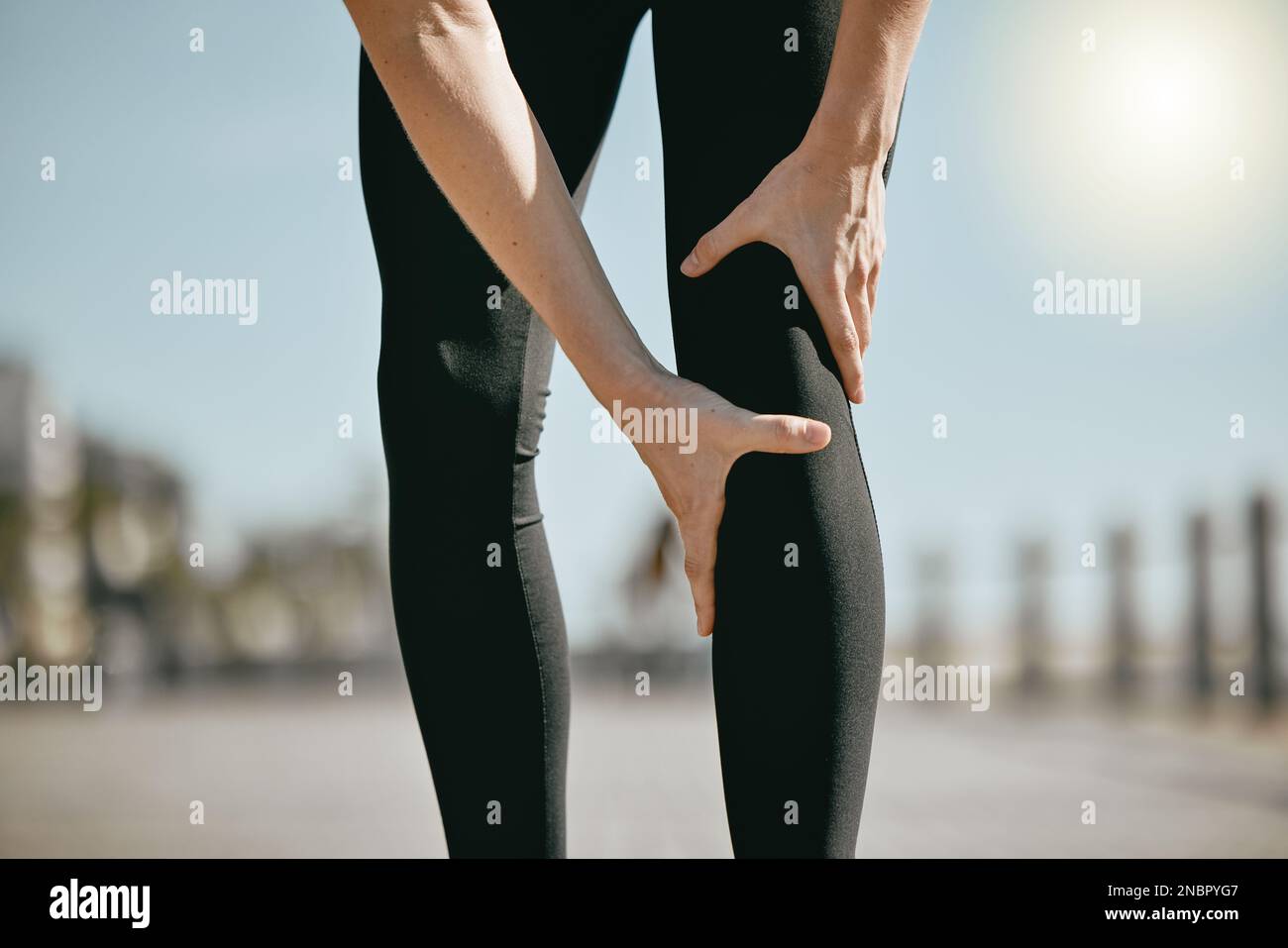 Fitness, pain and hands holding leg while running, exercise accident ...