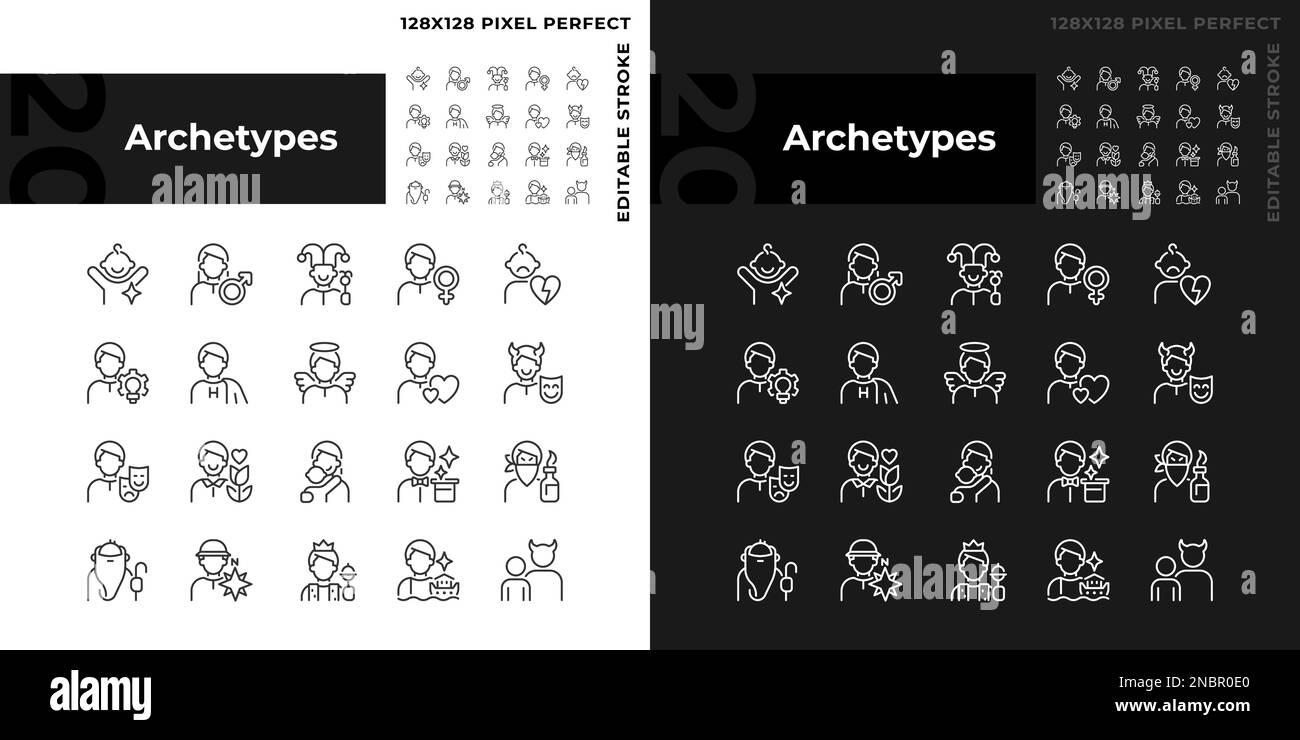 Character archetypes pixel perfect linear icons set for dark, light ...