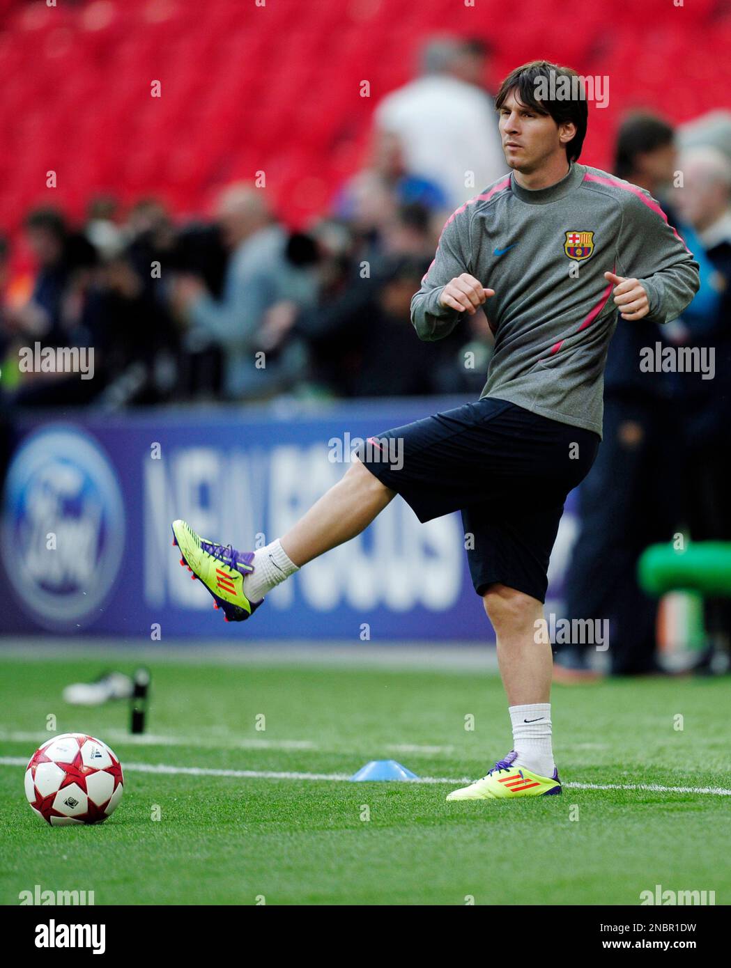 Barcelona's Lionel Messi in action during their training session ahead ...