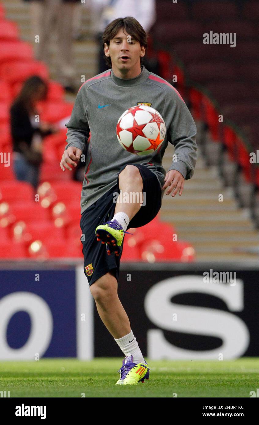 Barcelona's Lionel Messi in action during their training session ahead ...