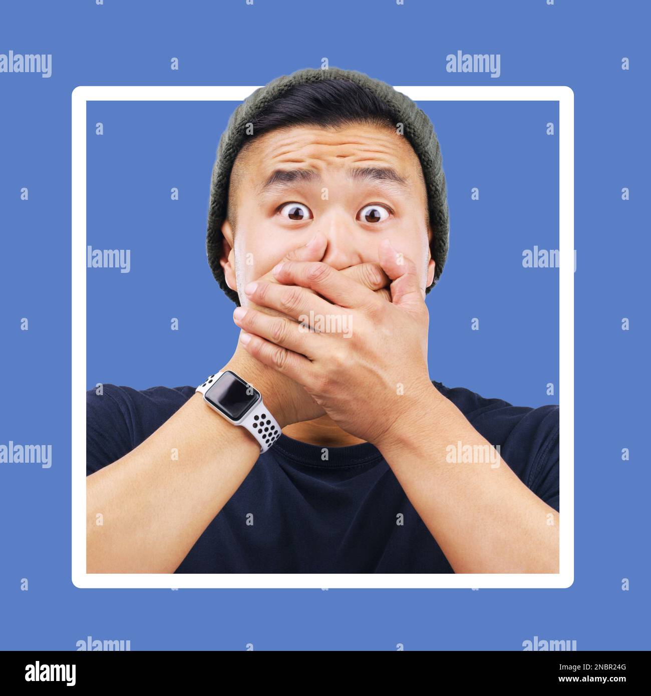 Portrait, man and hands over mouth for wow, shocked and news in studio ...