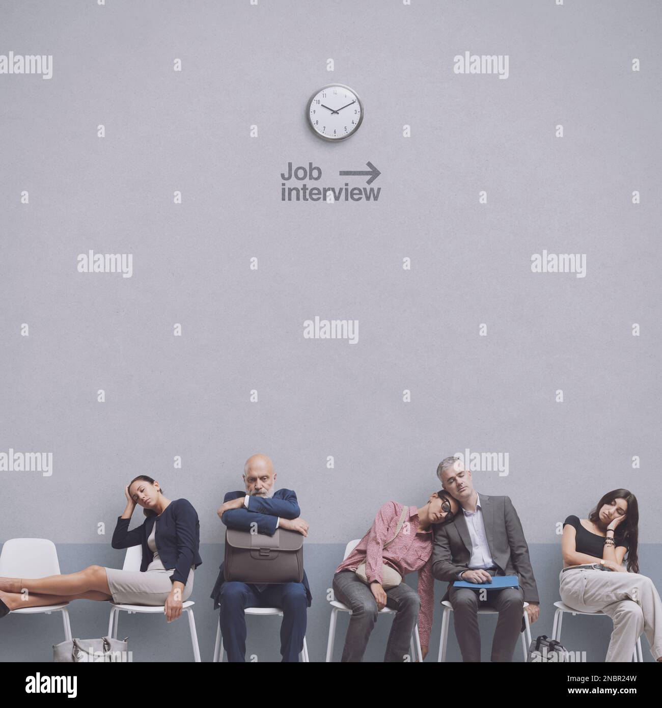 Exhausted candidates waiting for a job interview, they are sitting in ...
