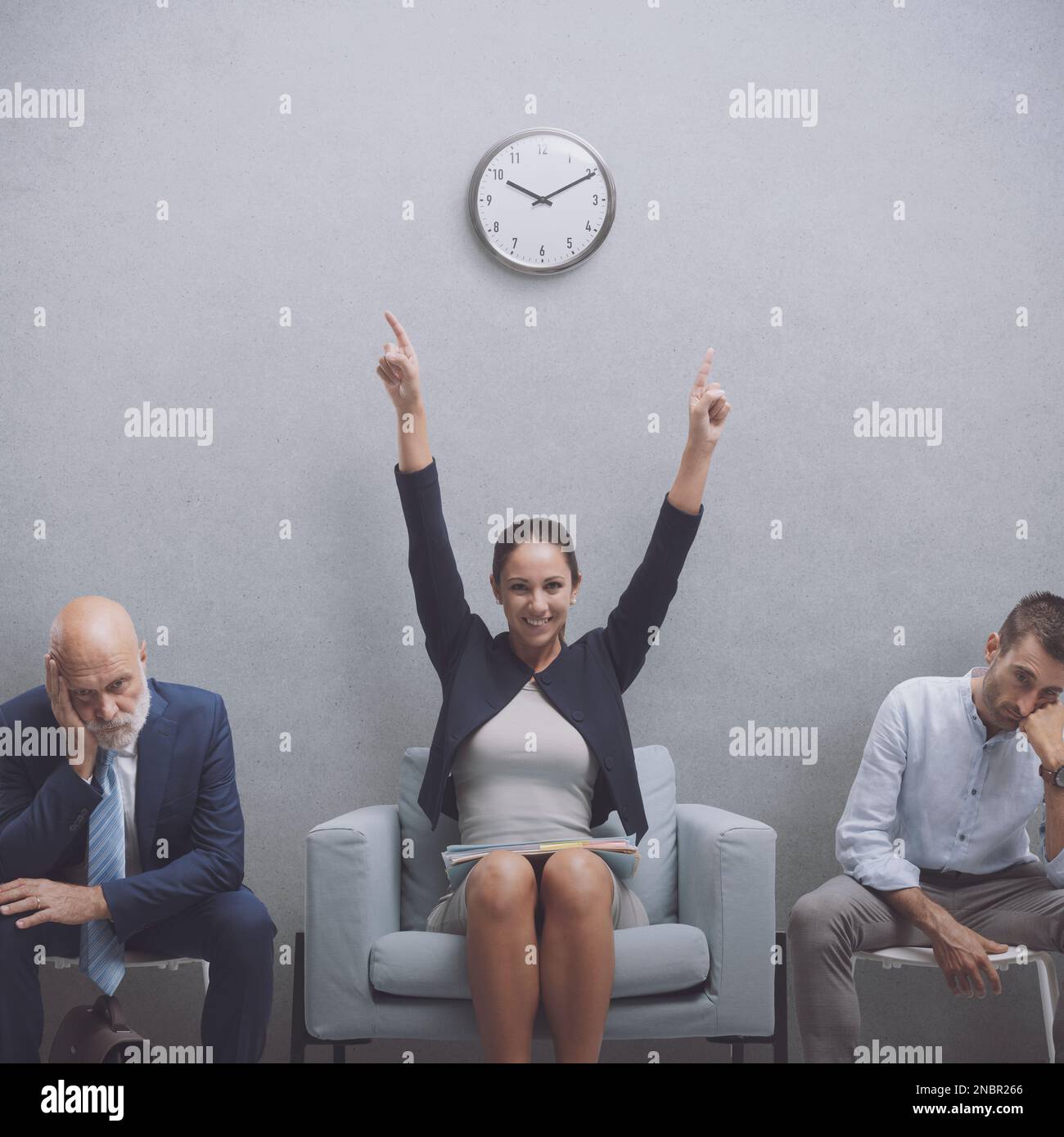 Successful young woman celebrating after the job interview, the company ...