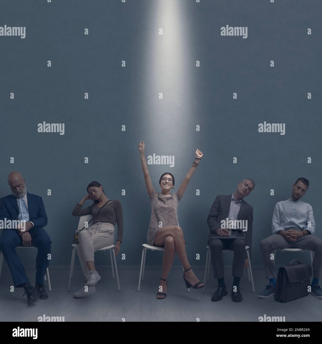 Successful young woman celebrating after the job interview, the company ...