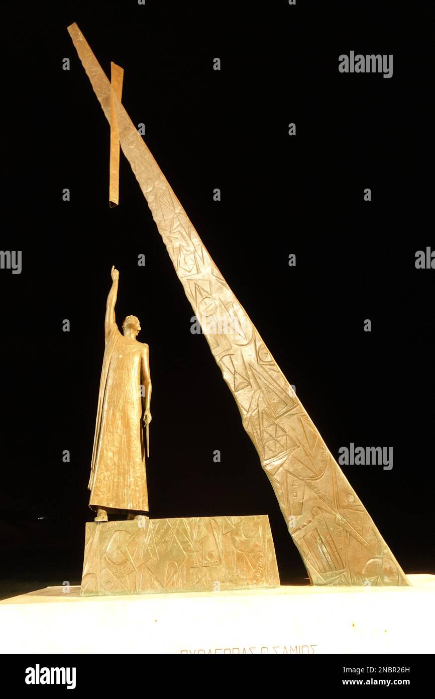 Staute of Pythagoras taken at night in the port of Pythagoreio on Samos ...