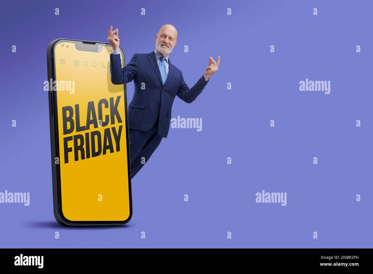 Black Friday sale and happy man, he is snapping his fingers and making ...