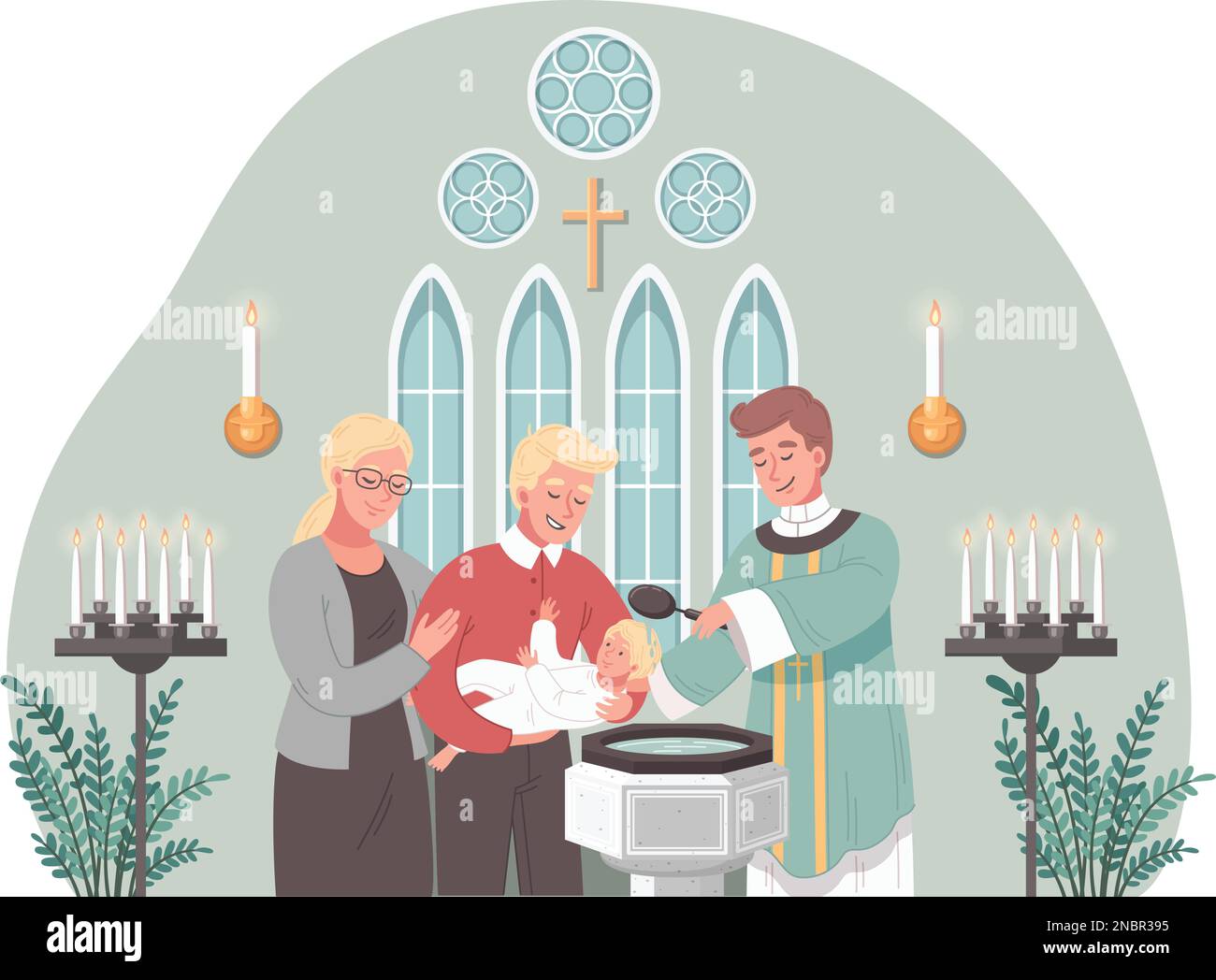 Christian church cartoon scene with priest baptising baby vector ...