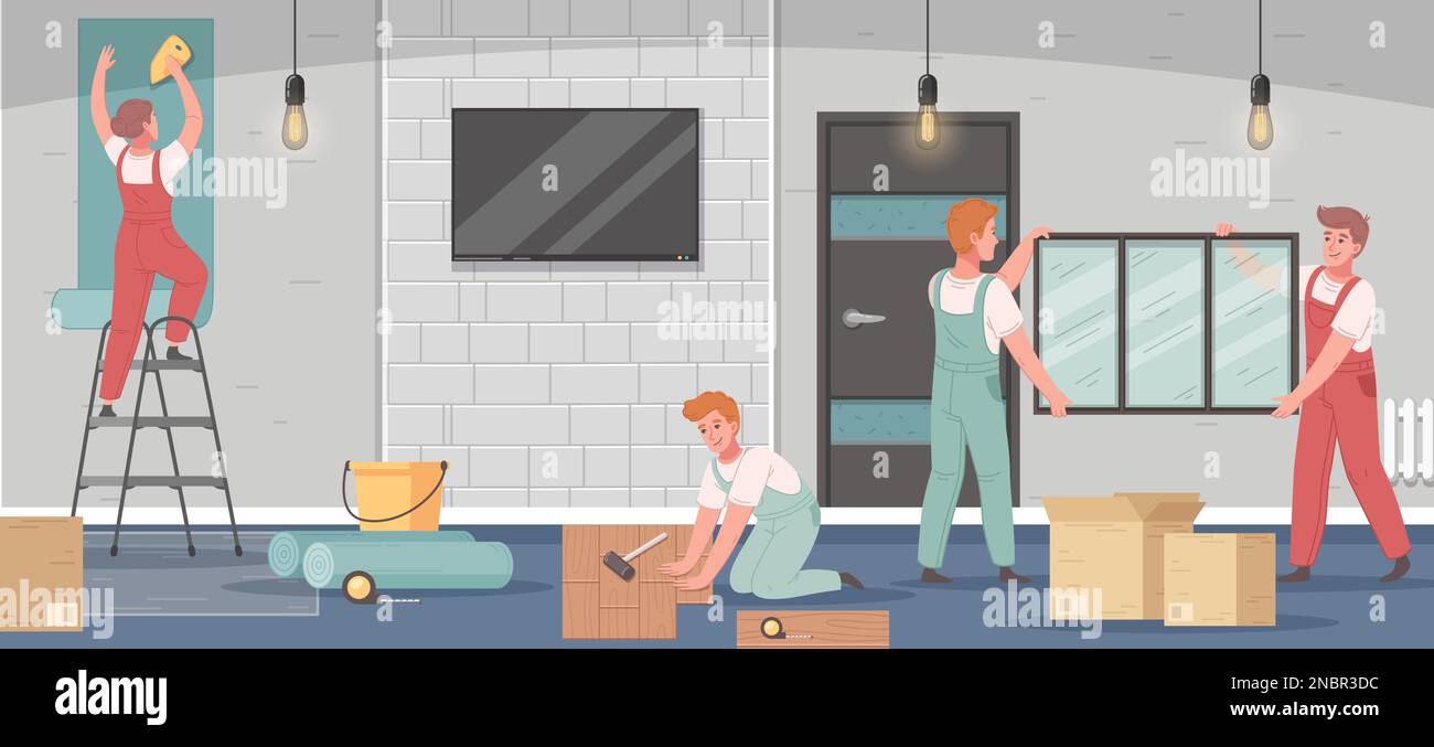 Renovation cartoon scene with workmen installing windows and making ...