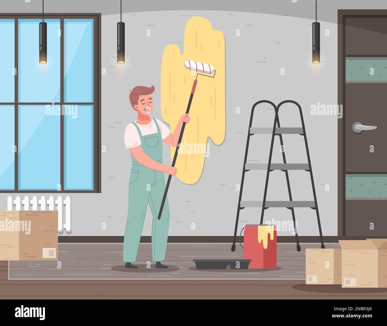 Renovation cartoon concept with male worker painting wall vector ...