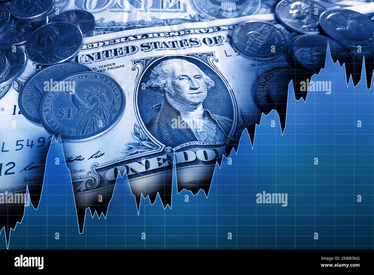 US dollars with a decreasing market chart. Concept about US inflation ...