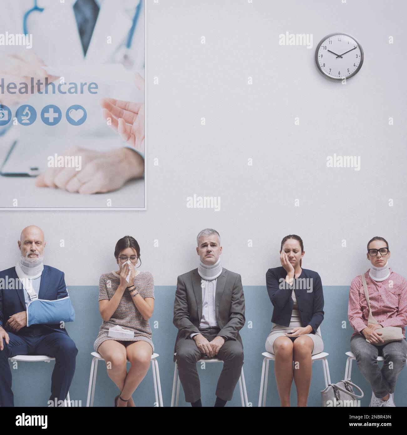 People sitting in the waiting room at the hospital they have different ...