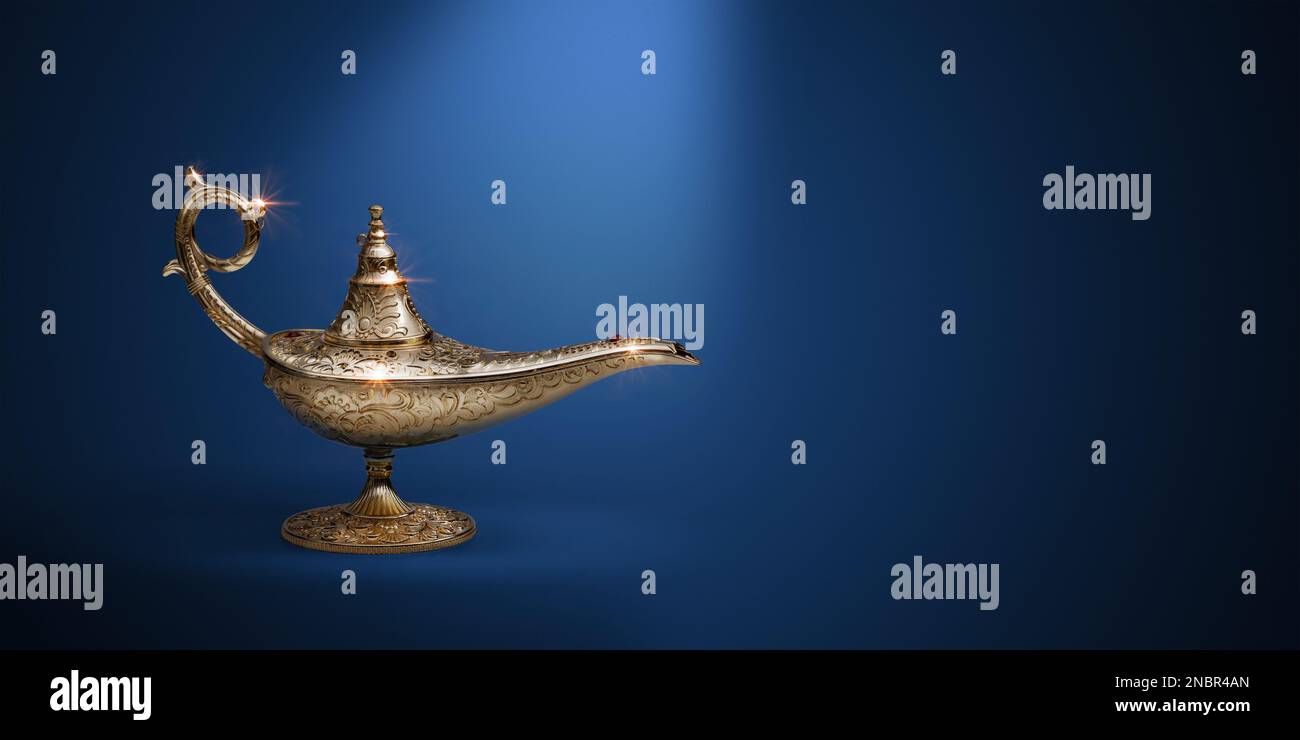 Precious golden magic lamp on blue background, fairy tales and wish ...