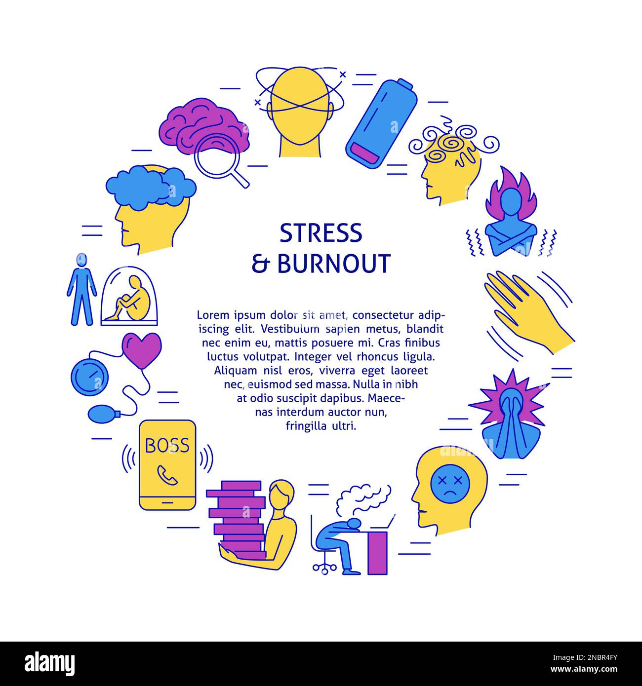 Round banner with stress and burnout symptoms in line style. Vector illustration Stock Vector ...