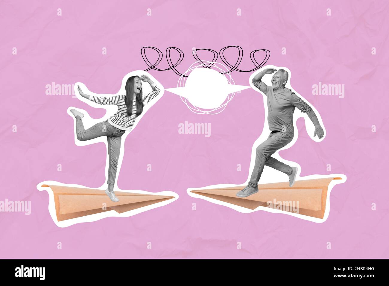 Black white gamma collage photo picture of two people paper plane ...