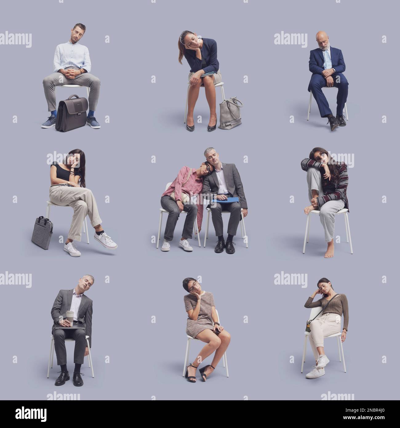 Diverse people falling asleep while sitting in the waiting room, set of ...