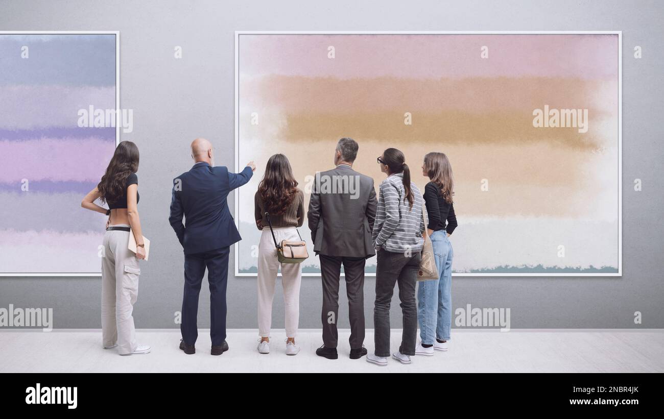 People in the art gallery looking at paintings, abstract contemporary ...