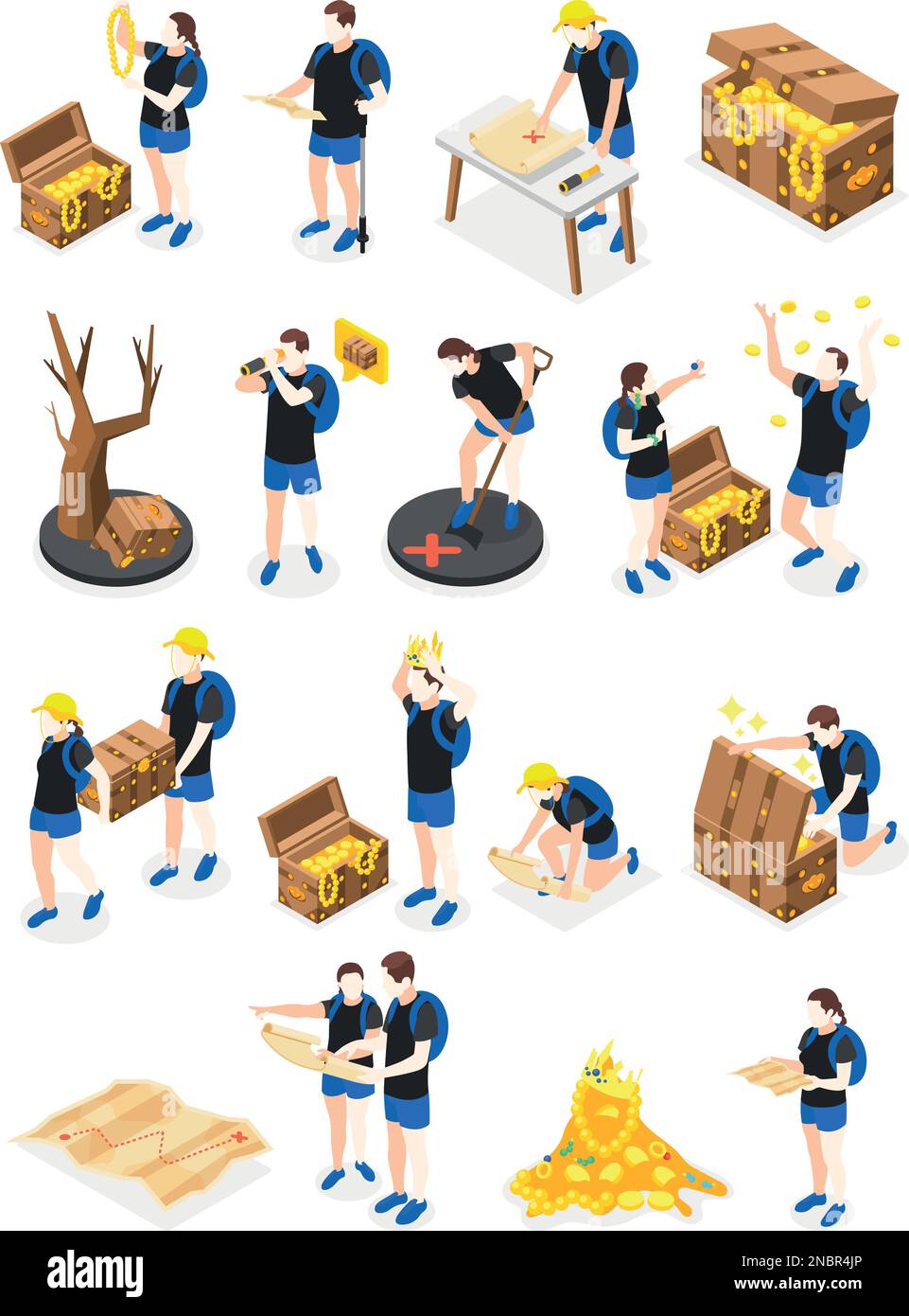 Treasure quest set with isometric icons and isolated images of jewels ...