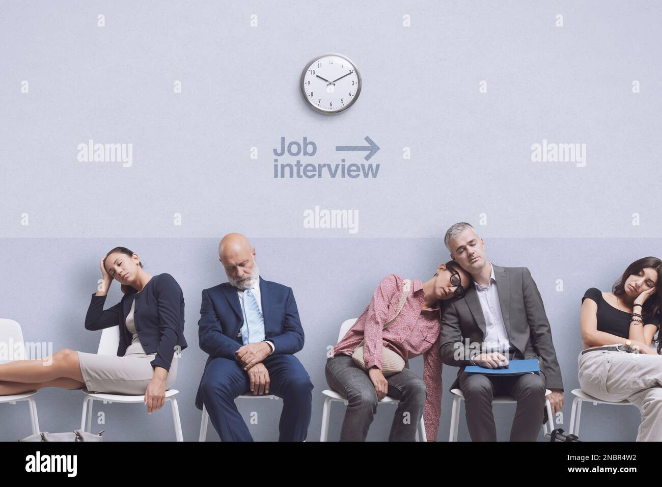 Exhausted candidates waiting for a job interview, they are sleeping on ...