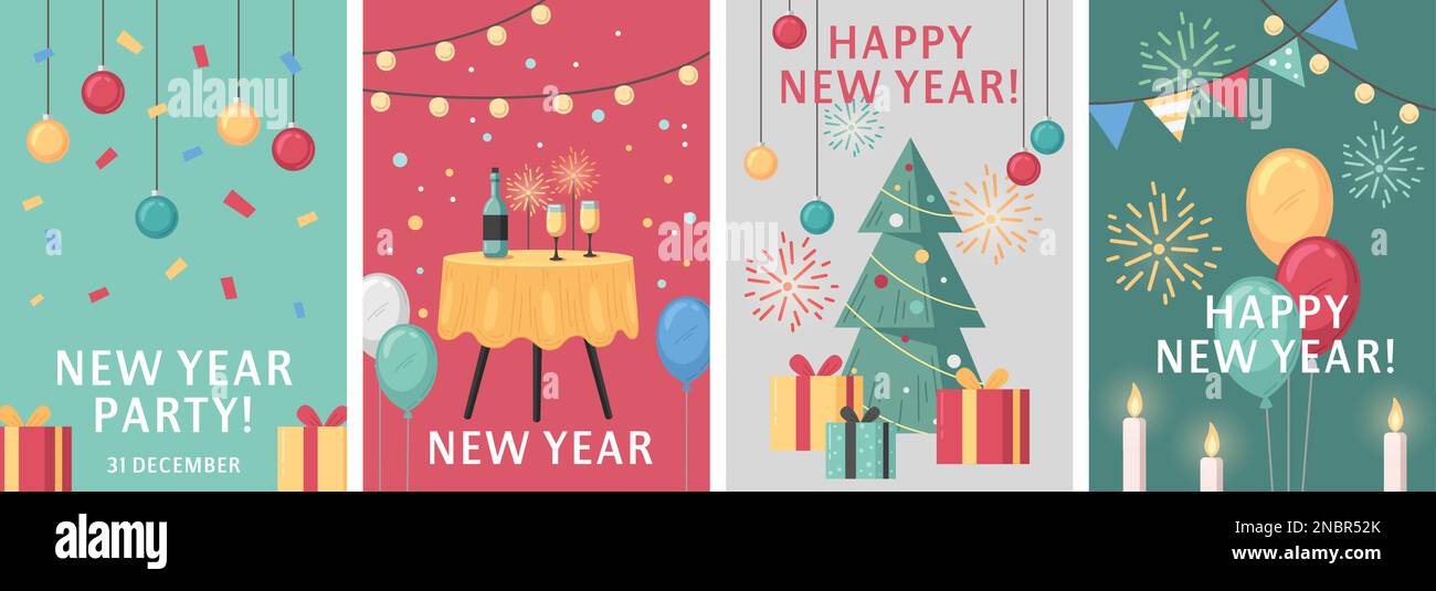 Restaurant interior cartoon postcards set with new year decoration ...