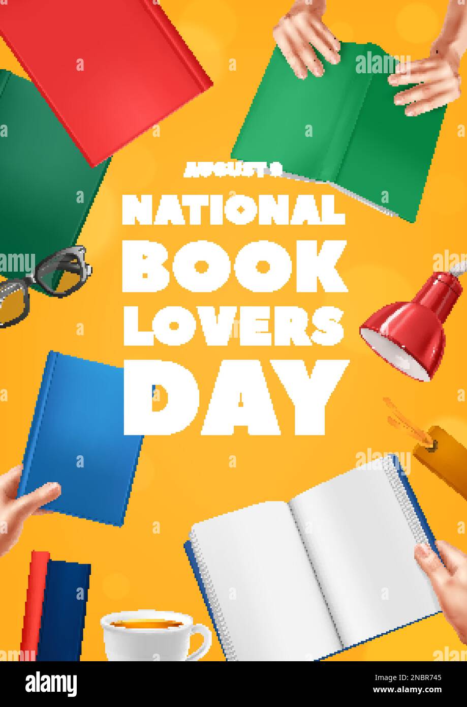 Realistic book lover day vertical poster with composition of editable ...