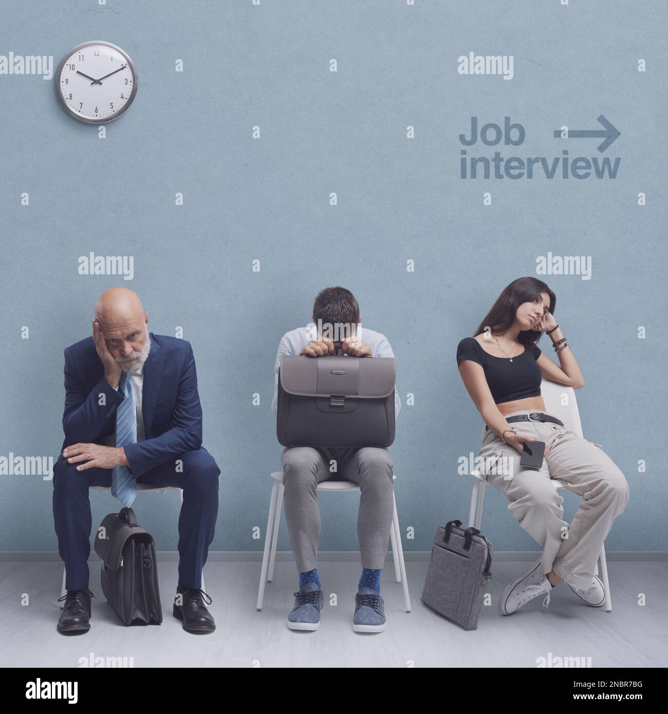 Exhausted candidates waiting for a job interview, they are sitting in ...