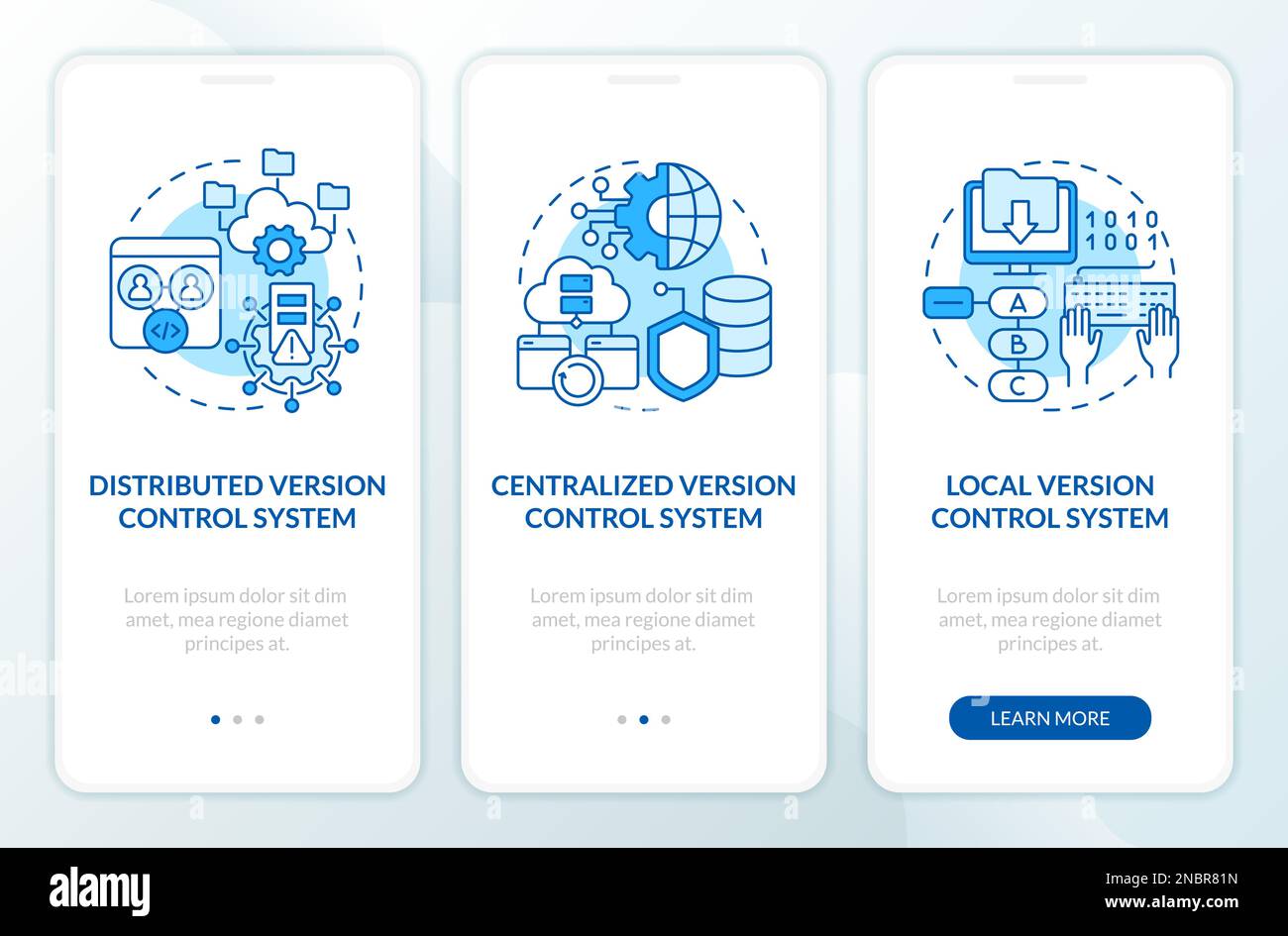 Version control systems types blue onboarding mobile app screen Stock ... Version control systems types blue onboarding mobile app screen Stock ...