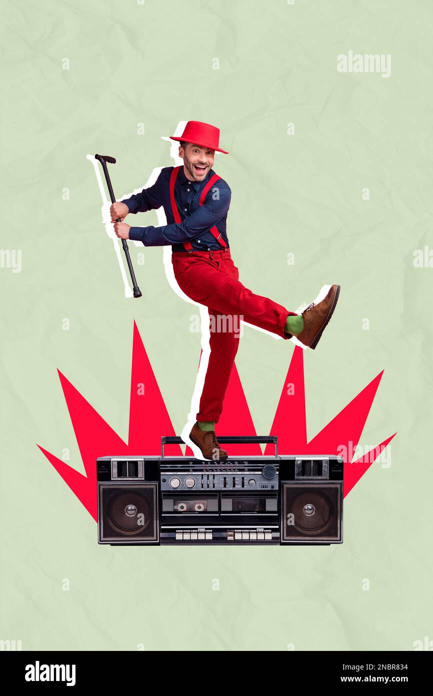 Vertical collage image of excited positive mini guy stand huge boombox ...