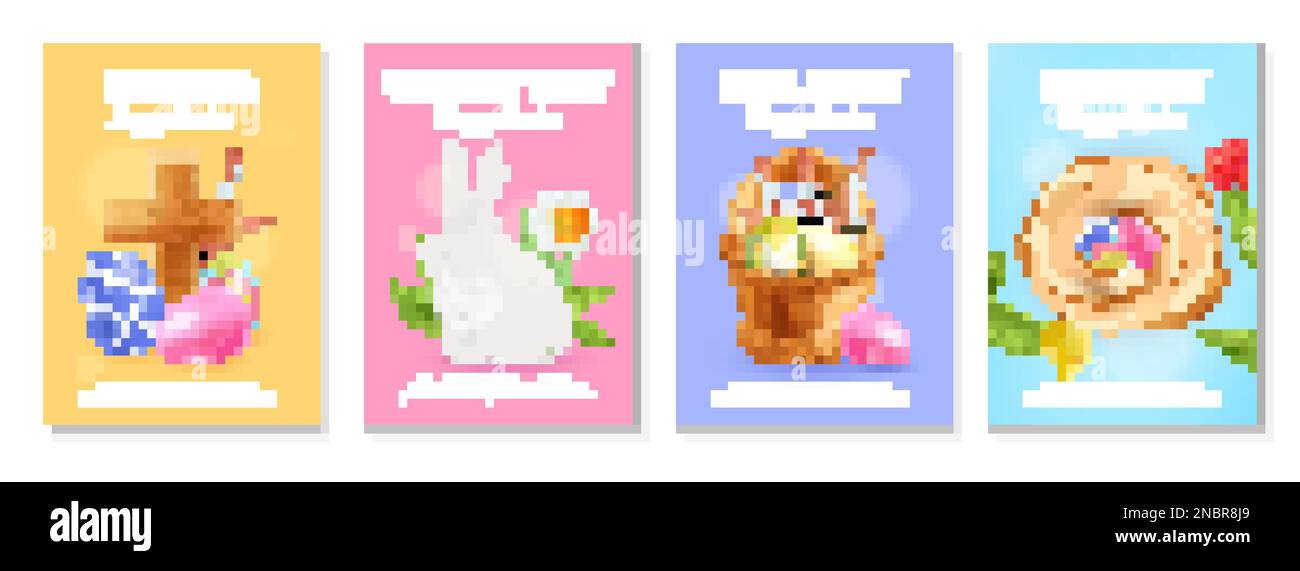 Set with four isolated vertical posters with compositions of easter symbols ornate text and ...