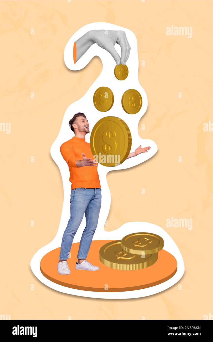 Photo collage artwork minimal picture of excited guy catching money ...