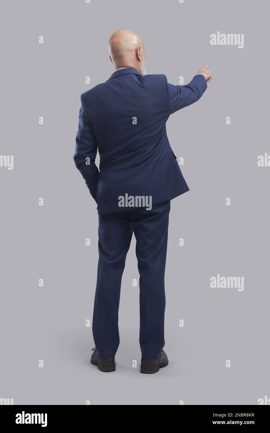 Corporate businessman standing and pointing forward, back view Stock ...