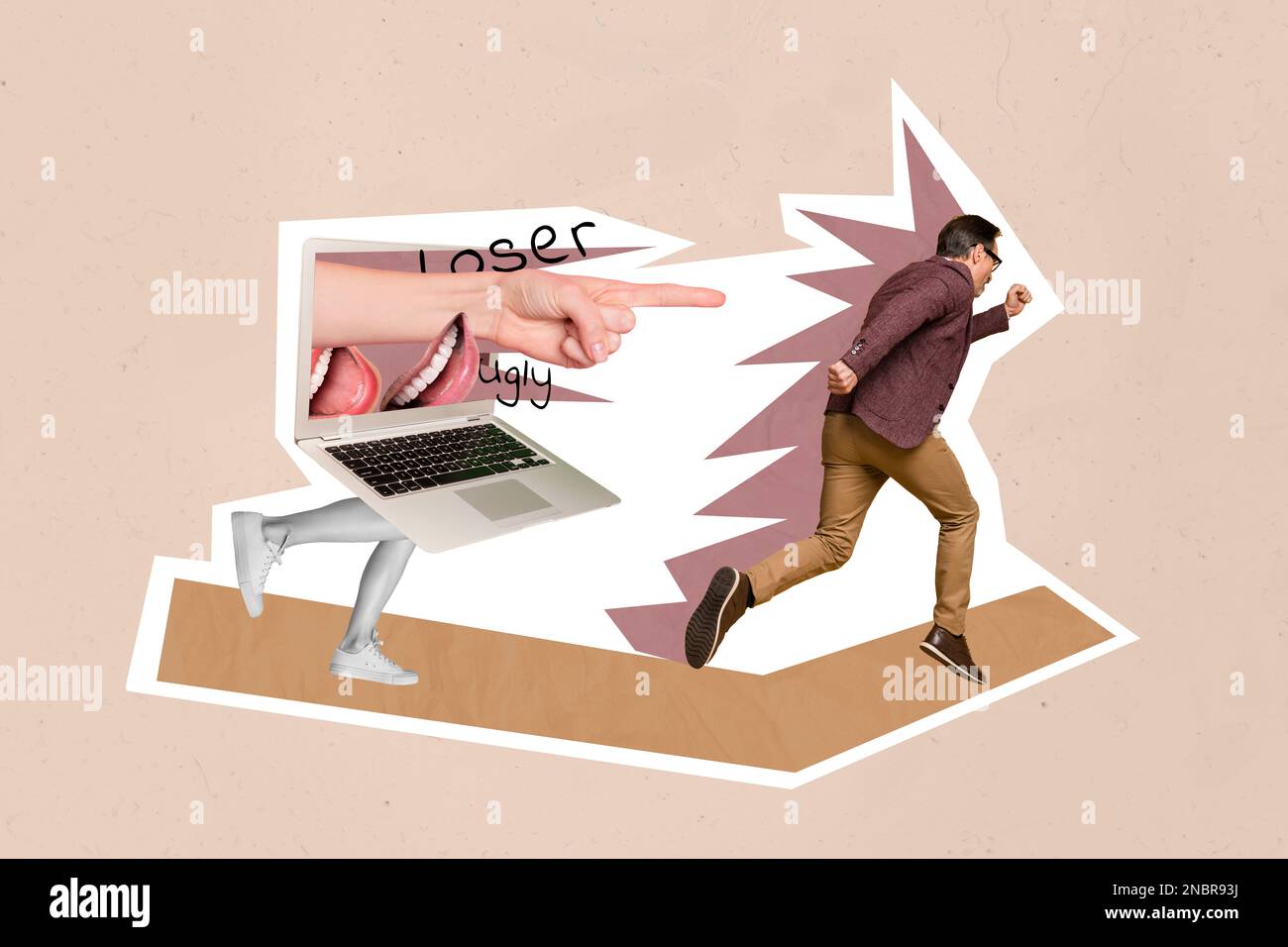 Photo collage artwork minimal picture of running away guy from getting ...