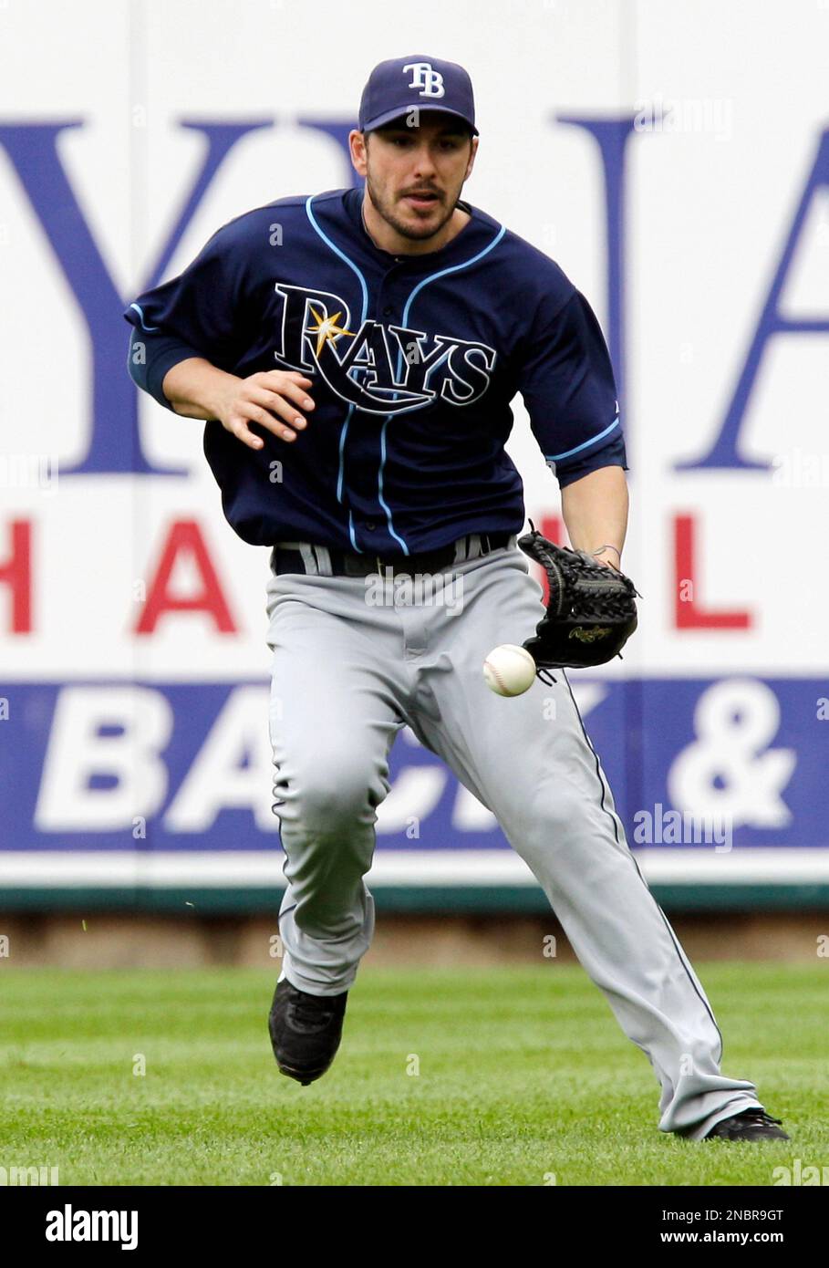 Tampa Bay Rays right fielder Matt Joyce (20) reaches for the single hit ...