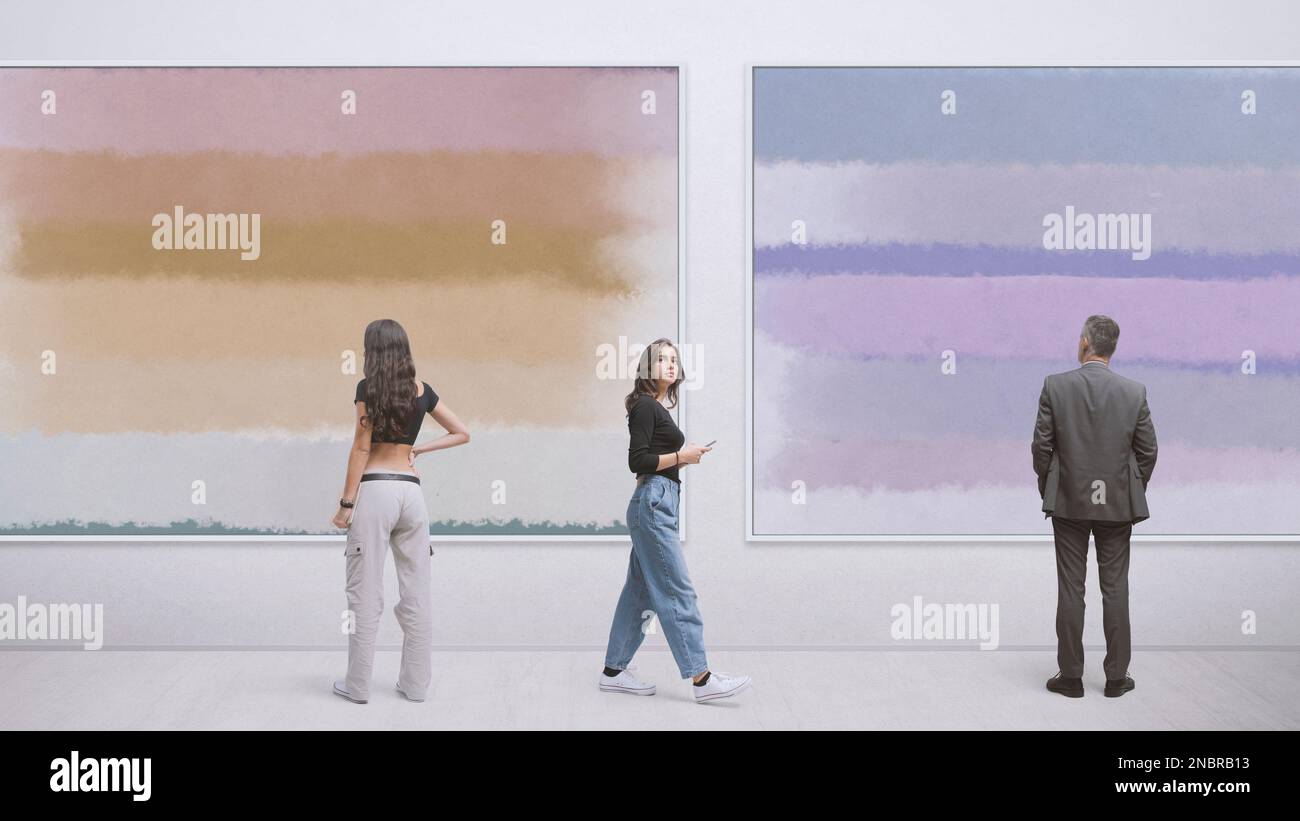 People in the art gallery looking at paintings, abstract contemporary ...